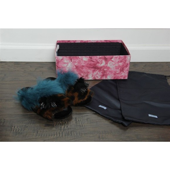 Prada | Shoes | Nib Prada Leopard Teal Fur Tassel Velvet Sandals Slides ...